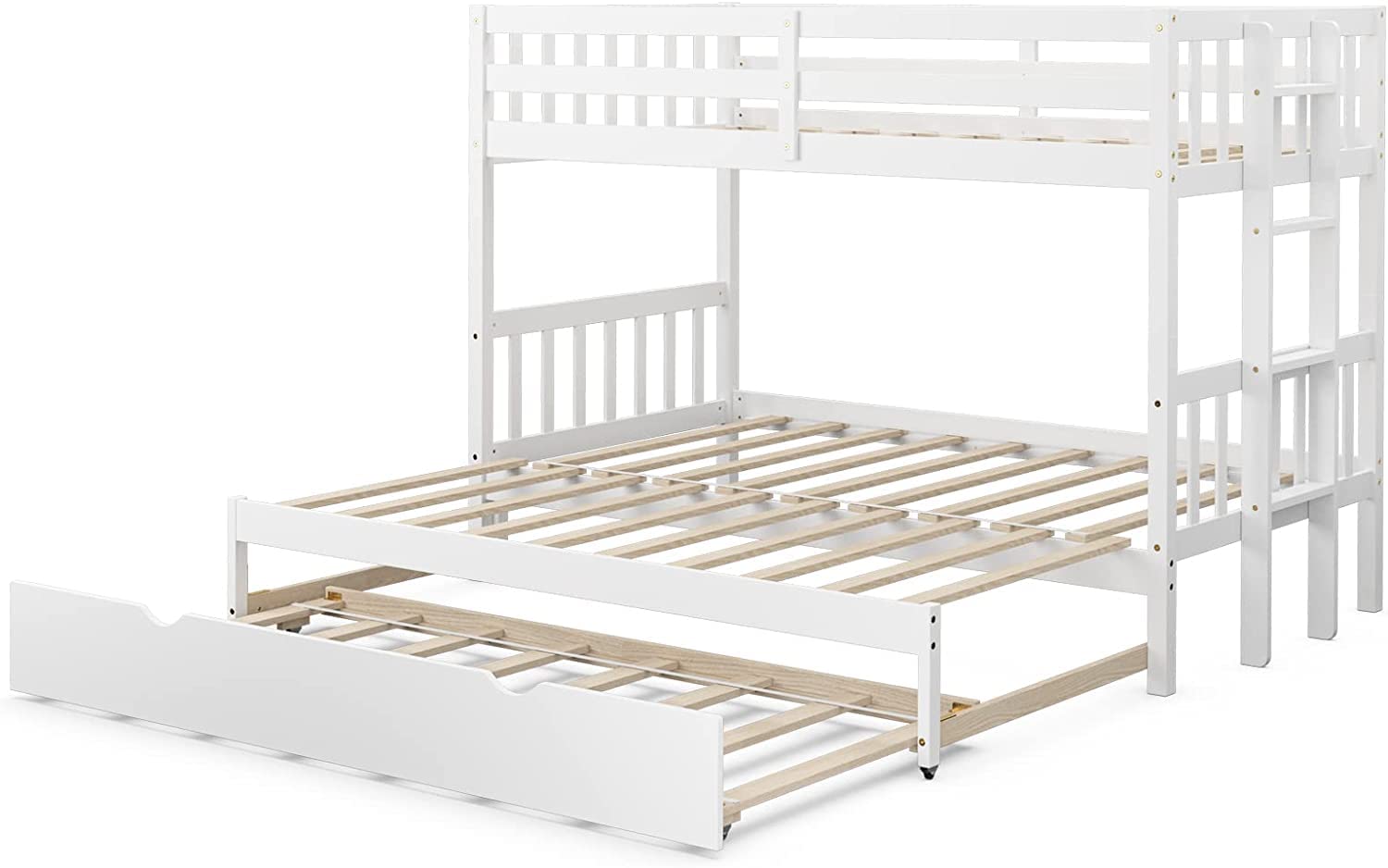 Giantex Twin Over Pull-Out Bunk Bed with Trundle, Extendable Twin/Full/Queen/King Bunk Bed, Solid Wood Bunk Bed with Ladder and Safety Rail, Wooden Bunk Beds for Kids Adults Teens, White