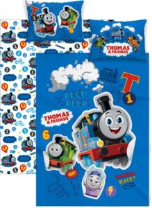 thomas the tank twin sheet set for kid's bed in a bag with reversible comforter, flat sheet, fitted sheet & pillowcase - 4 pcs