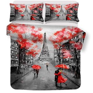 yunine paris bedding set comforter eiffel tower duvet cover set romantic couple with umbrellas in the street, grey, red, queen size, 1 duvet cover and 2 pillowcases