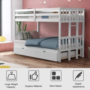 Giantex Twin Over Pull-Out Bunk Bed with Trundle, Extendable Twin/Full/Queen/King Bunk Bed, Solid Wood Bunk Bed with Ladder and Safety Rail, Wooden Bunk Beds for Kids Adults Teens, White