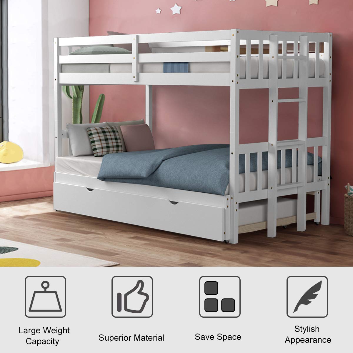 Giantex Twin Over Pull-Out Bunk Bed with Trundle, Extendable Twin/Full/Queen/King Bunk Bed, Solid Wood Bunk Bed with Ladder and Safety Rail, Wooden Bunk Beds for Kids Adults Teens, White