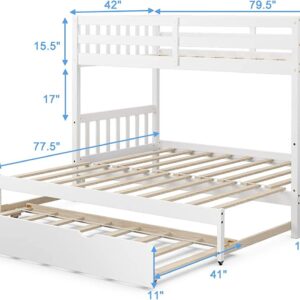 Giantex Twin Over Pull-Out Bunk Bed with Trundle, Extendable Twin/Full/Queen/King Bunk Bed, Solid Wood Bunk Bed with Ladder and Safety Rail, Wooden Bunk Beds for Kids Adults Teens, White