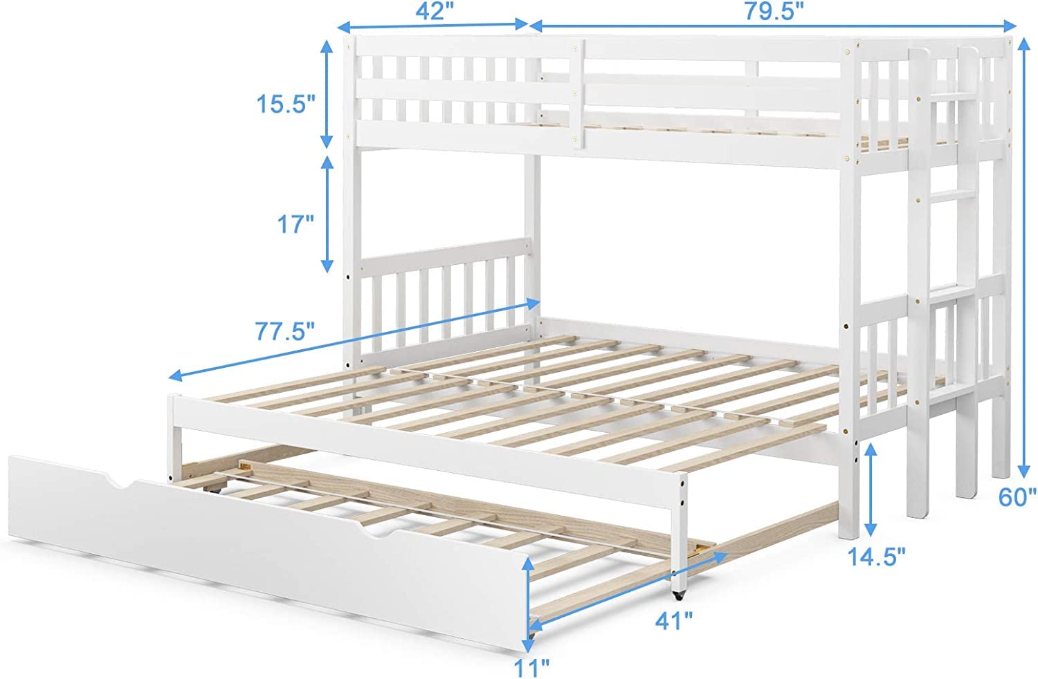 Giantex Twin Over Pull-Out Bunk Bed with Trundle, Extendable Twin/Full/Queen/King Bunk Bed, Solid Wood Bunk Bed with Ladder and Safety Rail, Wooden Bunk Beds for Kids Adults Teens, White