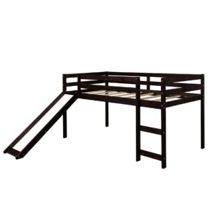 Harper & Bright Designs Loft Bed Twin with Slide, Kids loft Bed,Wood Low Profile for Kids, Built-in Ladder and Guard Rail,No Box Spring Needed,Espresso