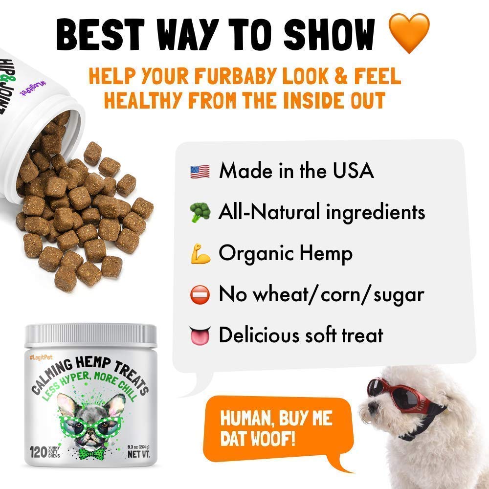 LEGITPET Calming Hemp Treats for Dogs 120 Soft Chews and Probiotics for Dogs with Natural Digestive Enzymes 120 Soft Chews Bundle - Made in USA