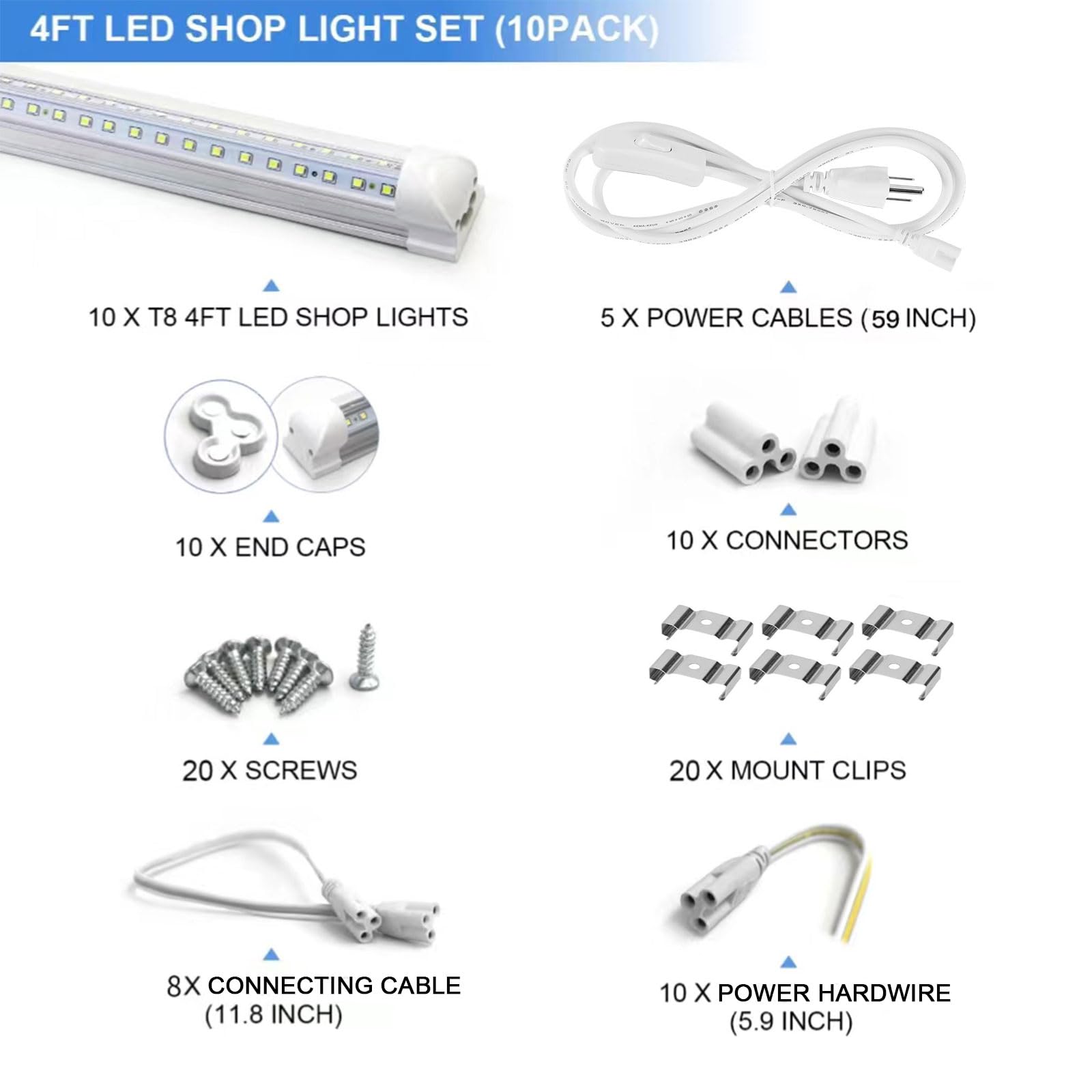 LED Shop Light 4FT 10 Pack, 40W 5400LM 6500K Linkable Shop Light Fixtures, V Shape High Output Clear Cover T8 LED Tube Light Plug and Play, 4 Foot LED Shop Light for Garage Warehouse Basement