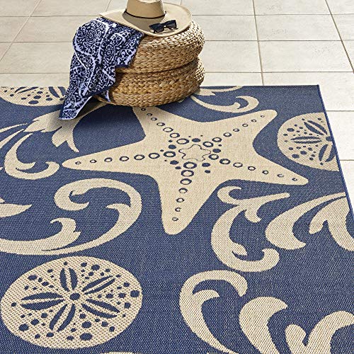 Gertmenian Indoor Outdoor Area Rug, Classic Flatweave, Washable, Stain & UV Resistant Carpet, Deck, Patio, Poolside & Mudroom, 6x9 Ft Medium, Party Starfish Sand Dollar, Navy Blue Sand