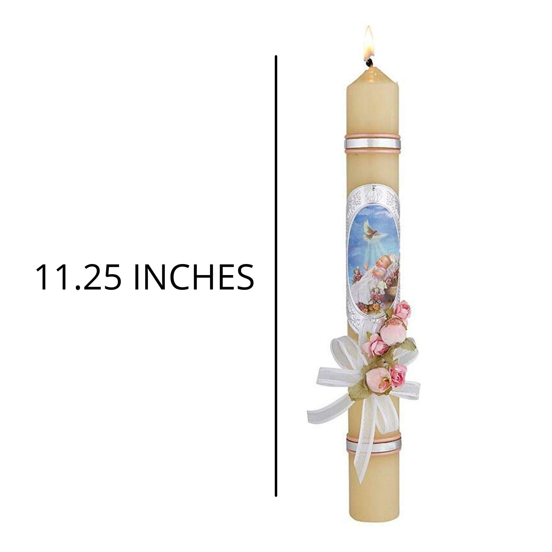 Needzo Catholic Baptism Candle for Girls, Pillar Candles with Ribbon, Faux Flowers, and Image of Infant, Baptismal Gift, 11.25 inches Tall