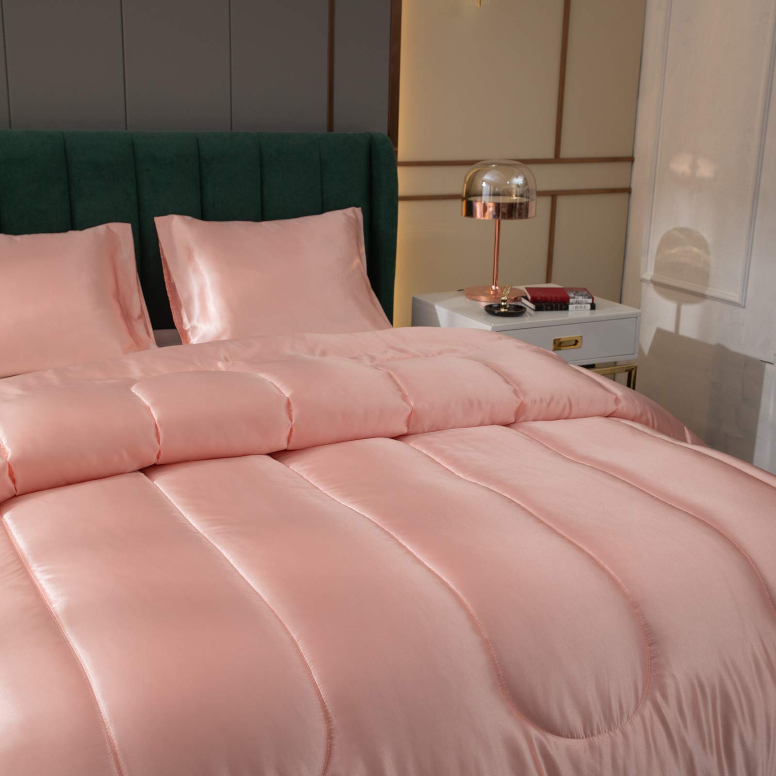 Satin Comforter Set King Size Silk Like Pink Comforter Silky Polyester Filling Bed Comforters Luxury Hotel Satin Pink Girls Bed Comforter 1 Comfrter 2 Pillowcase (King, Pink)