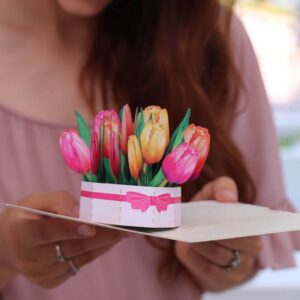 UNIPOP Tulips Bouquet Pop Up Card, Anniversary Card for Wife, Valentine Day Card for Her & Daughter, Happy Mothers Day Card, Thank You Card, Flower 3D Card