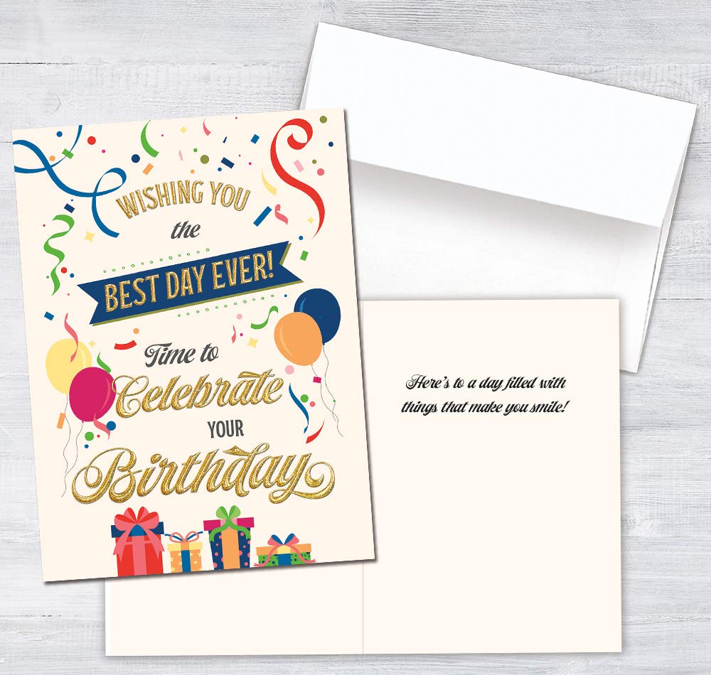 25 Business Birthday Cards - Beautiful Celebration Design with Gold Glitter Foil Embossing - 26 White Envelopes - FSC Mix