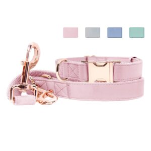 soft leather dog collar and leash (6.6') set - stylish rose gold heavy duty metal buckle, 4 adjustable lengths leash for small medium large dogs - comfortable & easy to clean pink m(13.8"-19.7")