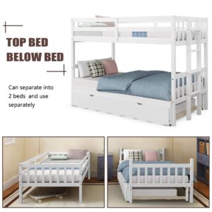 Giantex Twin Over Pull-Out Bunk Bed with Trundle, Extendable Twin/Full/Queen/King Bunk Bed, Solid Wood Bunk Bed with Ladder and Safety Rail, Wooden Bunk Beds for Kids Adults Teens, White