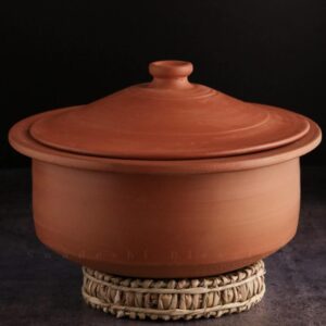 Swadeshi Blessings HandMade Exclusive Range Unglazed Earthen Kadai/Mud Handi/Mitti Ke Bartan/Clay Pot for Cooking & Serving with Lid(with Mirror Shine) + Free Palm Leaf Stand (3.5 Liters)