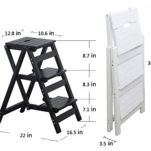 KINGBO Step Stool for Adults/Step Ladder/Counter Chair, 3-Step Folding Portable Wooden Step Stool, Anti-Slip & Lightweight (Black)