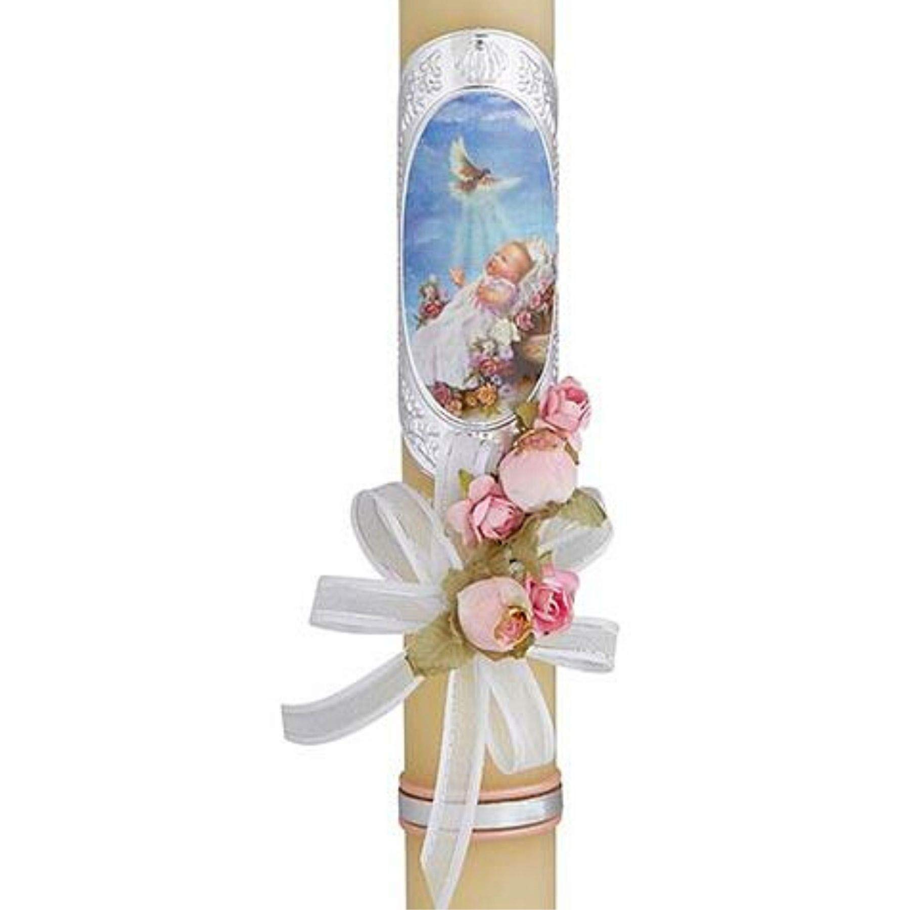 Needzo Catholic Baptism Candle for Girls, Pillar Candles with Ribbon, Faux Flowers, and Image of Infant, Baptismal Gift, 11.25 inches Tall