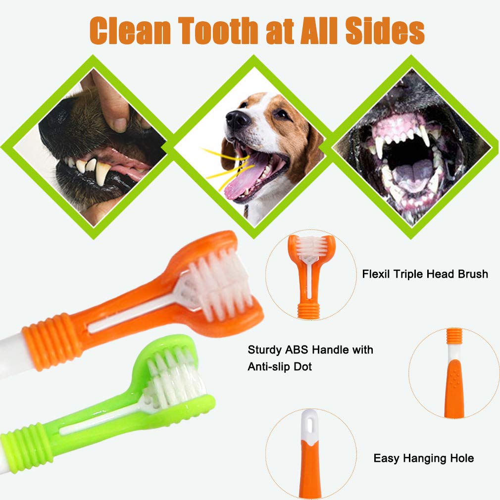 Zeyaa 10 Pack Pet Dog Toothbrush, 2 Triple Head Pet Toothbrushes 3 Double Head Tooth Brush 5 Pack Finger Rubber Toothbrushes, Multi-Angle Dental Cleaning Brushes for Dog Cat Oral Dental Health