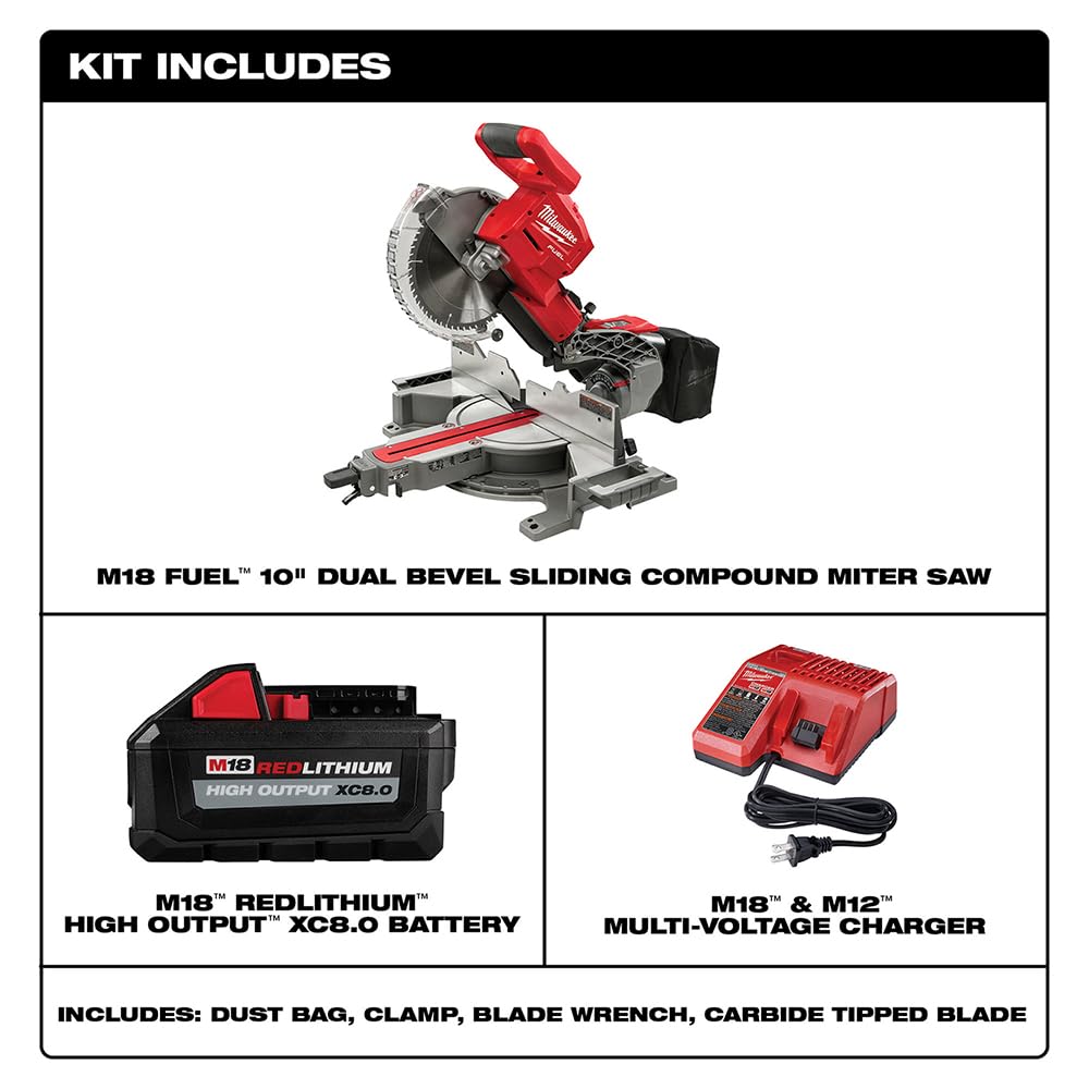 MILWAUKEE M18 Fuel 18v Red Lithium-Ion Brushless Cordless 10in. Dual Bevel Sliding Compound Miter Saw with (1) 8.0 Ah Battery