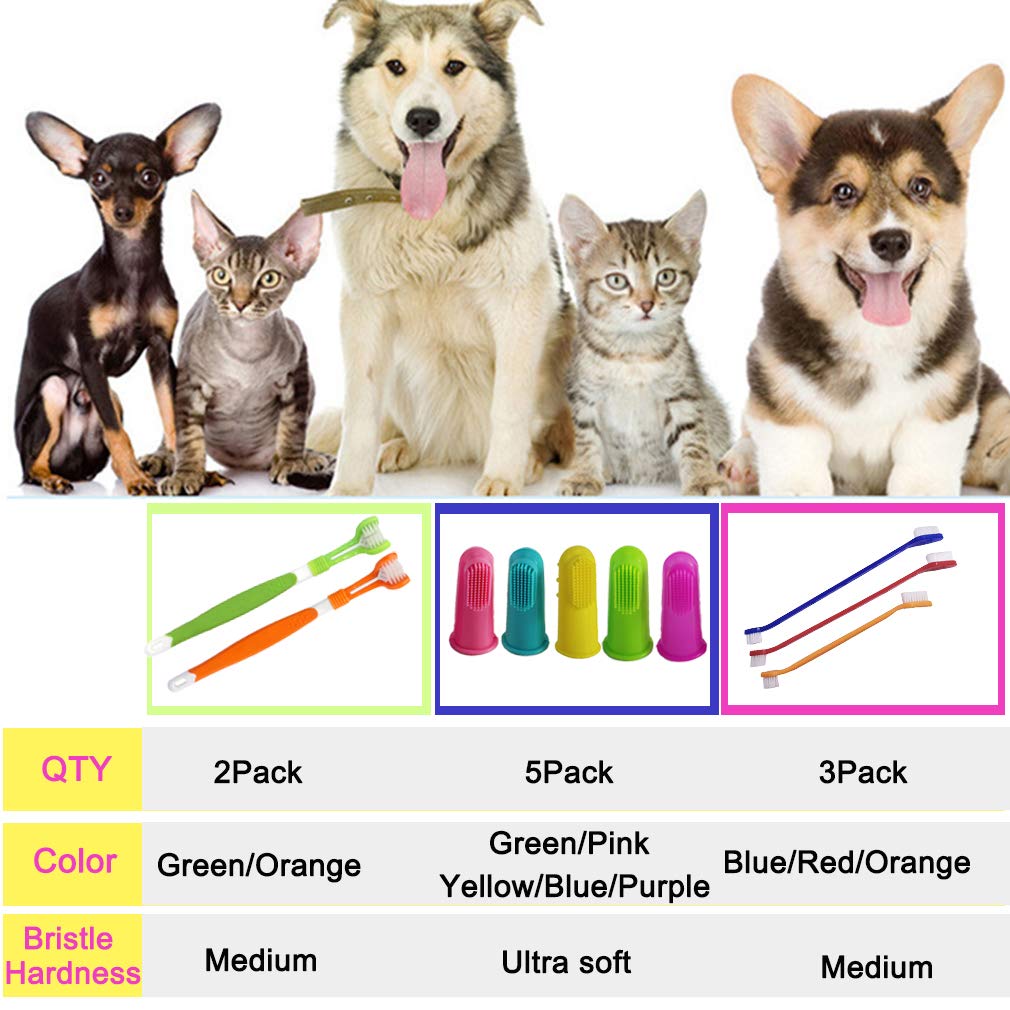 Zeyaa 10 Pack Pet Dog Toothbrush, 2 Triple Head Pet Toothbrushes 3 Double Head Tooth Brush 5 Pack Finger Rubber Toothbrushes, Multi-Angle Dental Cleaning Brushes for Dog Cat Oral Dental Health