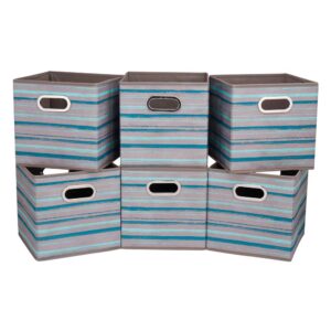 hsdt 13 inch collapsible storage cubes bins teal stripes fabric storage boxes foldable cube inserts storage grey printed folding cloth storage baskets drawer organizer ,qy-sc05-6