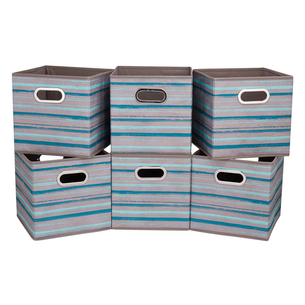 HSDT 13 inch Collapsible Storage Cubes Bins Teal Stripes Fabric Storage Boxes Foldable Cube Inserts Storage Grey Printed Folding Cloth Storage Baskets Drawer Organizer ,QY-SC05-6