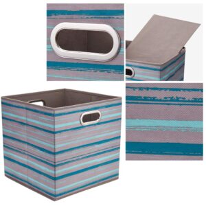 HSDT 13 inch Collapsible Storage Cubes Bins Teal Stripes Fabric Storage Boxes Foldable Cube Inserts Storage Grey Printed Folding Cloth Storage Baskets Drawer Organizer ,QY-SC05-6