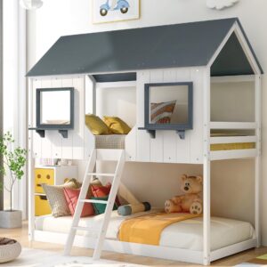 house bunk bed twin over twin kids bunk bed wood frame with roof, window, safety guardrails and ladder, for girls boys- white