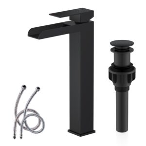 kenes tall bathroom vessel sink faucet, matte black tall waterfall bathroom faucet, single handle waterfall bathroom faucet lavatory vanity faucet with pop up drain & water supply hoses lj-9035a-2