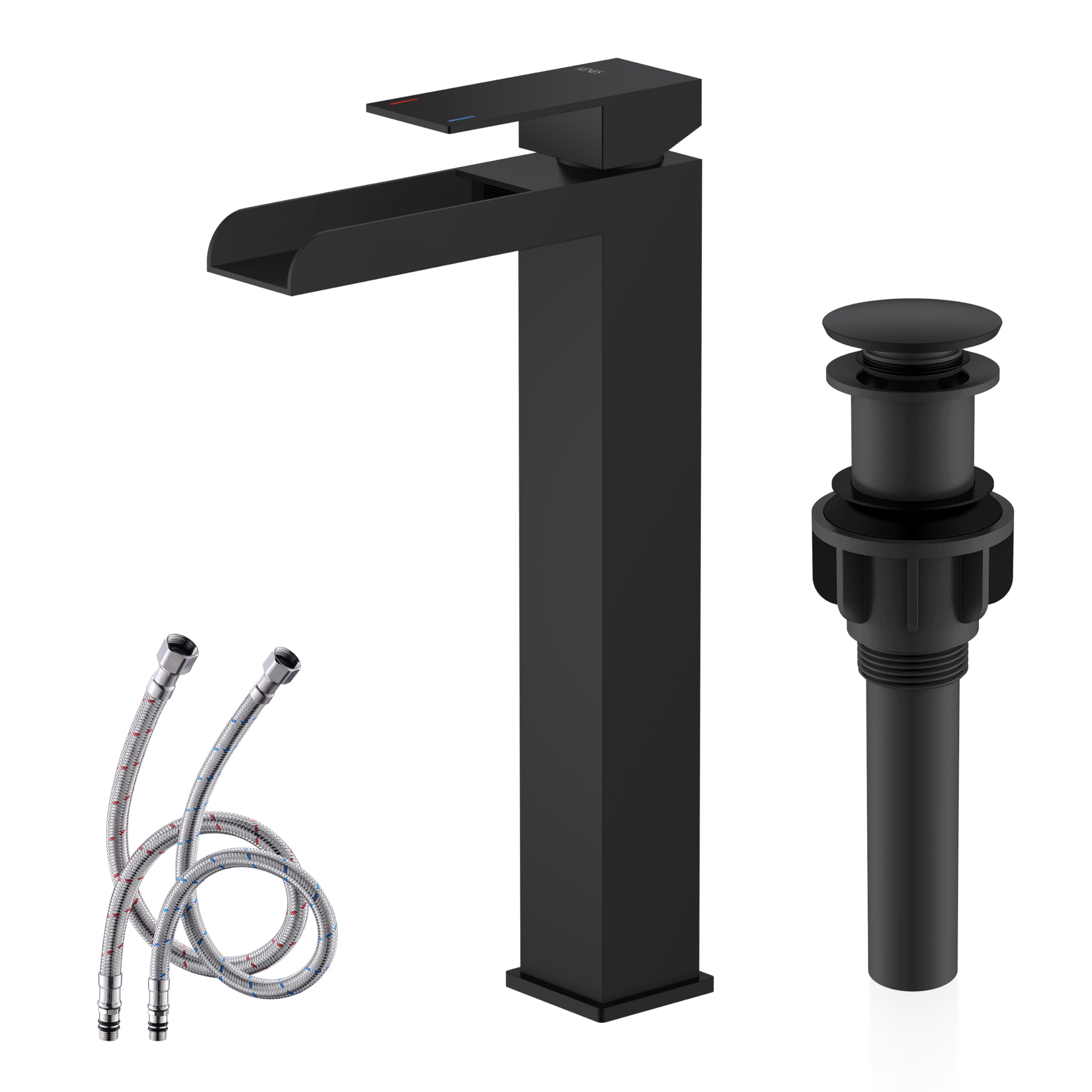 KENES Tall Bathroom Vessel Sink Faucet, Matte Black Tall Waterfall Bathroom Faucet, Single Handle Waterfall Bathroom Faucet Lavatory Vanity Faucet with Pop Up Drain & Water Supply Hoses LJ-9035A-2