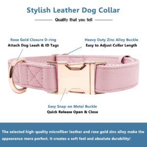 Soft Leather Dog Collar and Leash (6.6') Set - Stylish Rose Gold Heavy Duty Metal Buckle, 4 Adjustable Lengths Leash for Small Medium Large Dogs - Comfortable & Easy to Clean Pink M(13.8"-19.7")