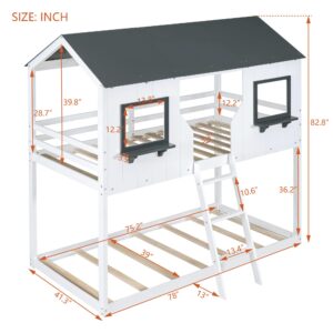 House Bunk Bed Twin Over Twin Kids Bunk Bed Wood Frame with Roof, Window, Safety Guardrails and Ladder, for Girls Boys- White