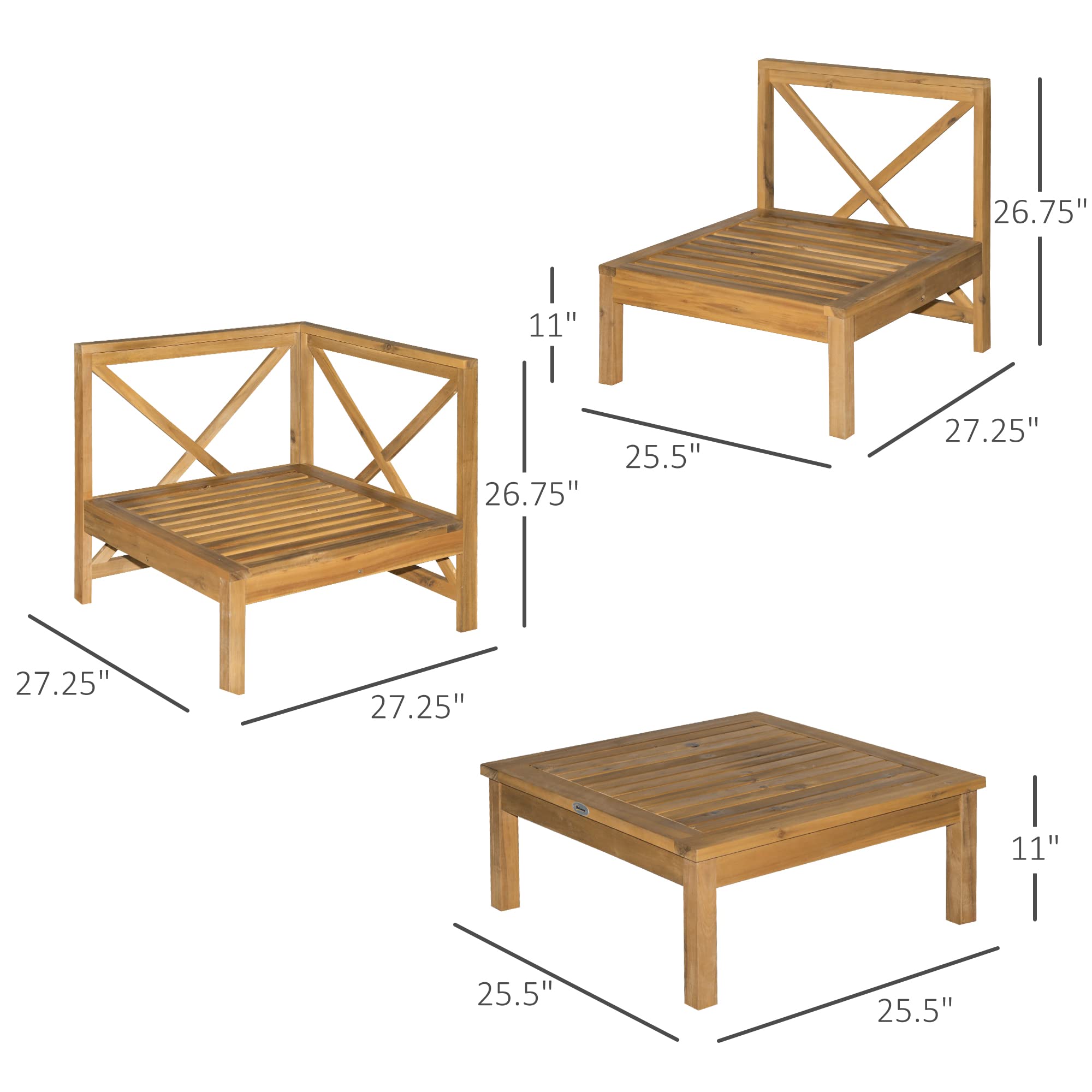 Outsunny 6 Piece Wood Patio Furniture Set, Outdoor Sectional Sofa with Cushions and Coffee Table, Acacia Wood Conversation Set Couch, Cream White