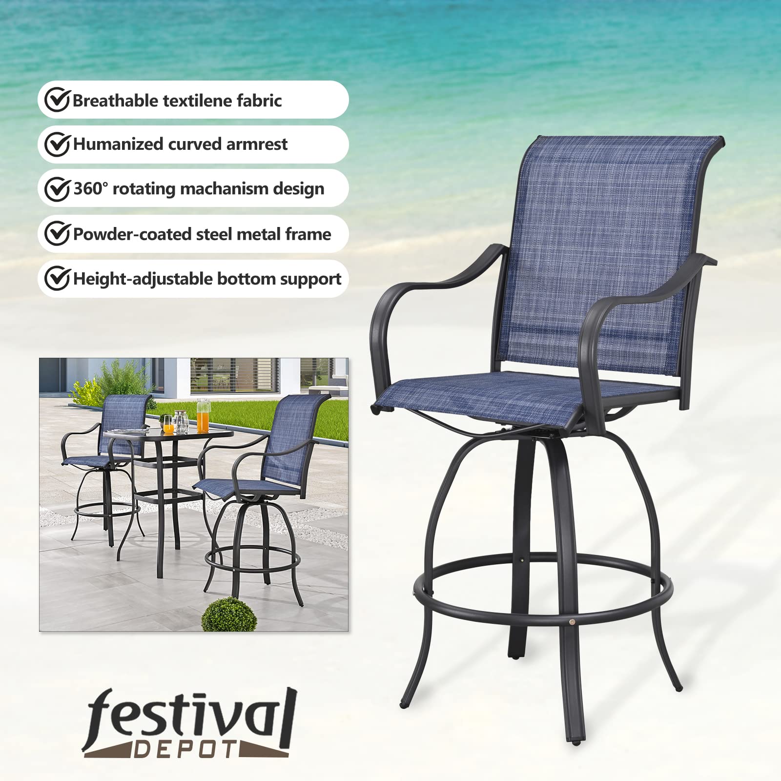 Festival Depot 2pcs Bar Bistro Patio Dining Chairs Textilene High Stools 360° Swivel Chairs with Curved Armrest and Metal Frame Outdoor Furniture for Garden Pool All-Weather (Blue)