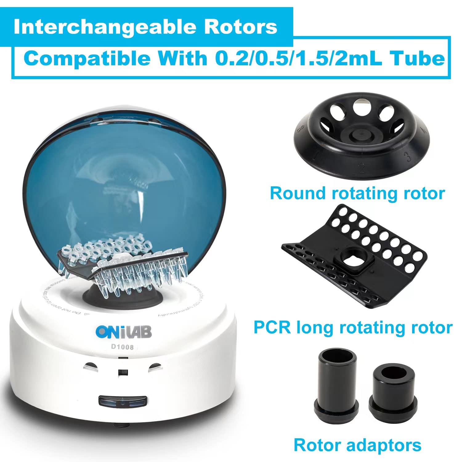 ONiLAB's Scientific Mini Centrifuge 7000RPM, 2680 x g RCF, Lab Benchtop Centrifuge with 2 Rotors for 8 x 0.2/0.5/1.5/2.0ml and 0.2mL×32 PCR Strips, Low Noise≤45dB, 100-240V,Blue lid