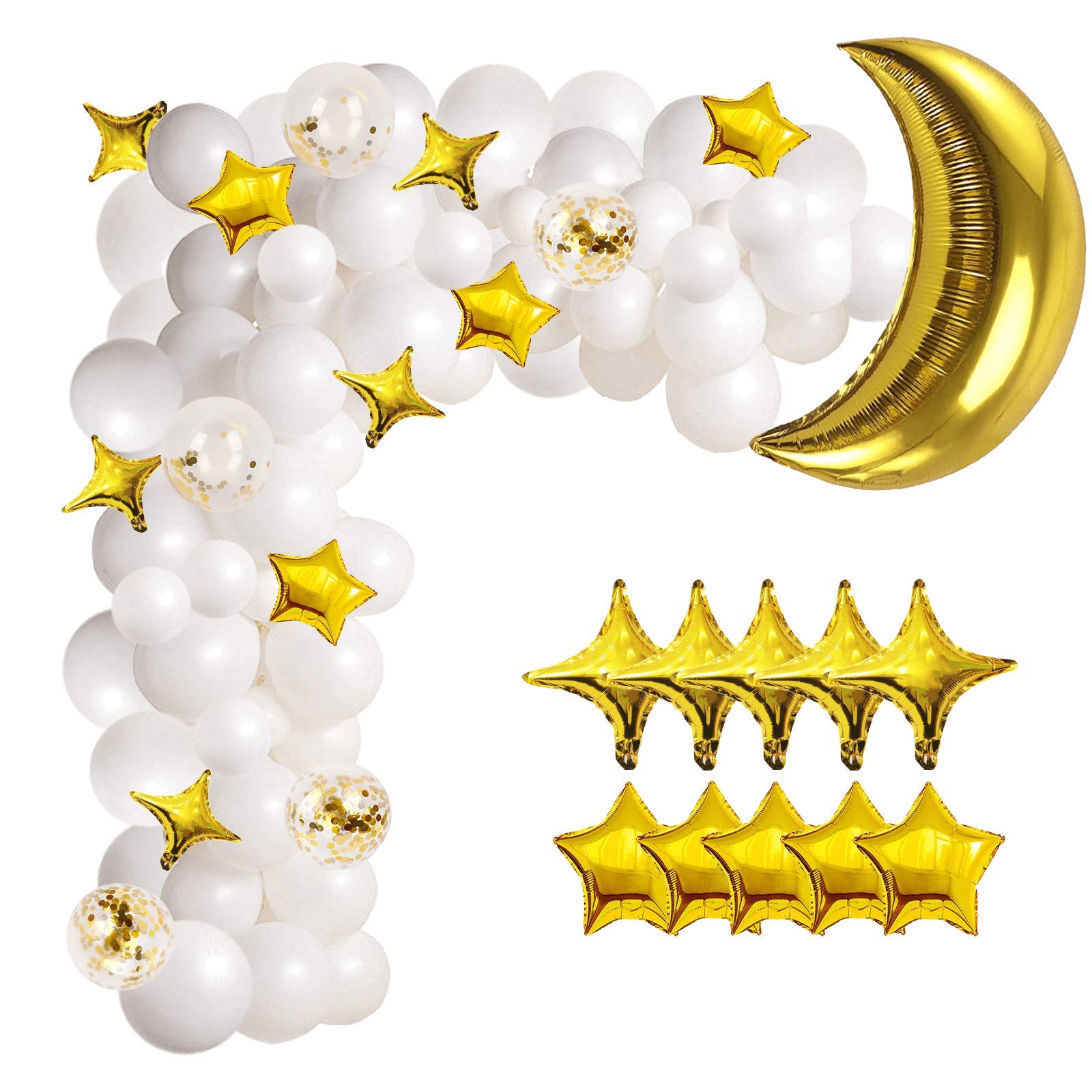 White Balloon Garland Kit - 131pcs White Balloons with Moon and Star Balloons, Perfect for twinkle twinkle little star baby shower decorations & White and Gold Party Decorations