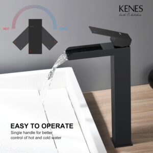 KENES Tall Bathroom Vessel Sink Faucet, Matte Black Tall Waterfall Bathroom Faucet, Single Handle Waterfall Bathroom Faucet Lavatory Vanity Faucet with Pop Up Drain & Water Supply Hoses LJ-9035A-2