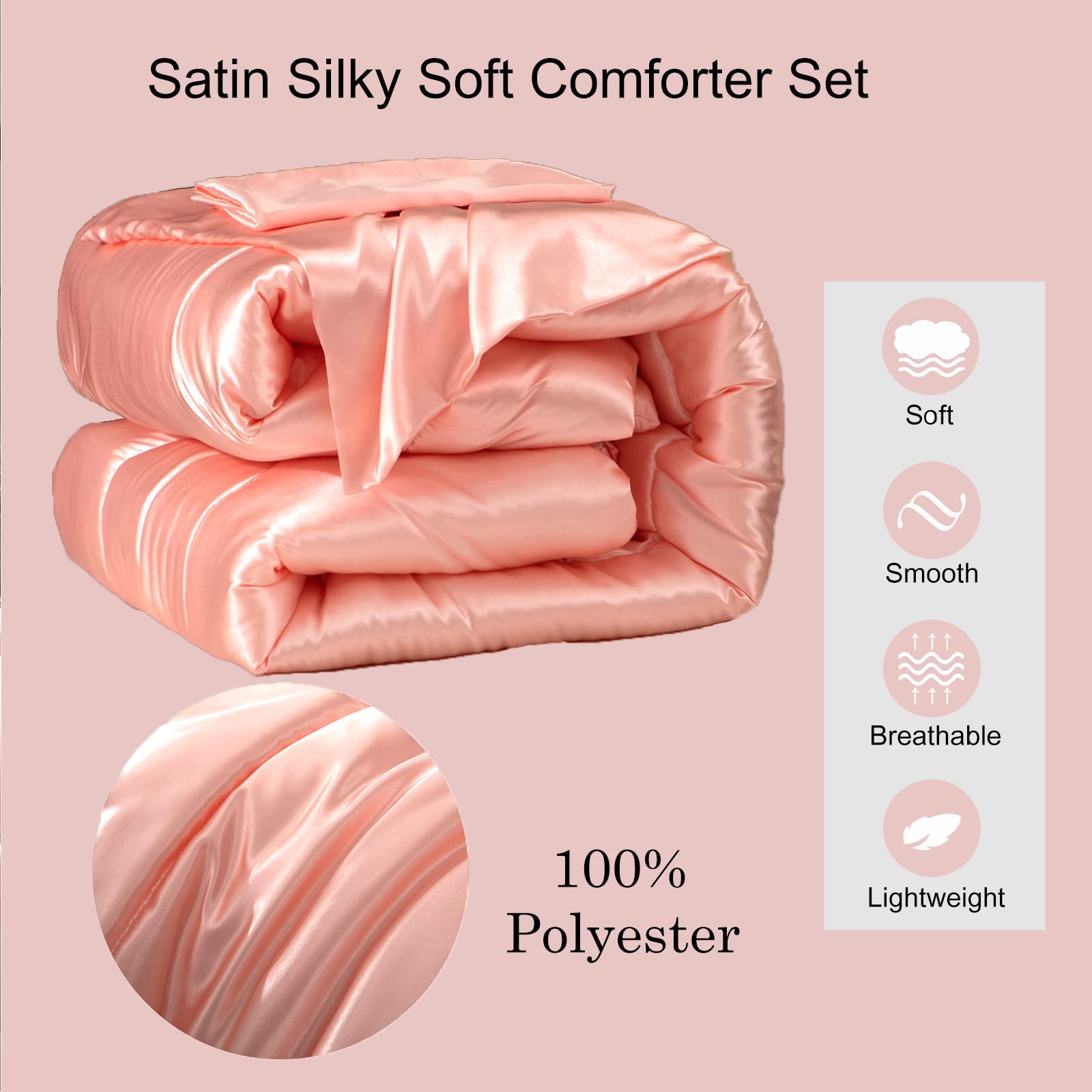 Satin Comforter Set King Size Silk Like Pink Comforter Silky Polyester Filling Bed Comforters Luxury Hotel Satin Pink Girls Bed Comforter 1 Comfrter 2 Pillowcase (King, Pink)