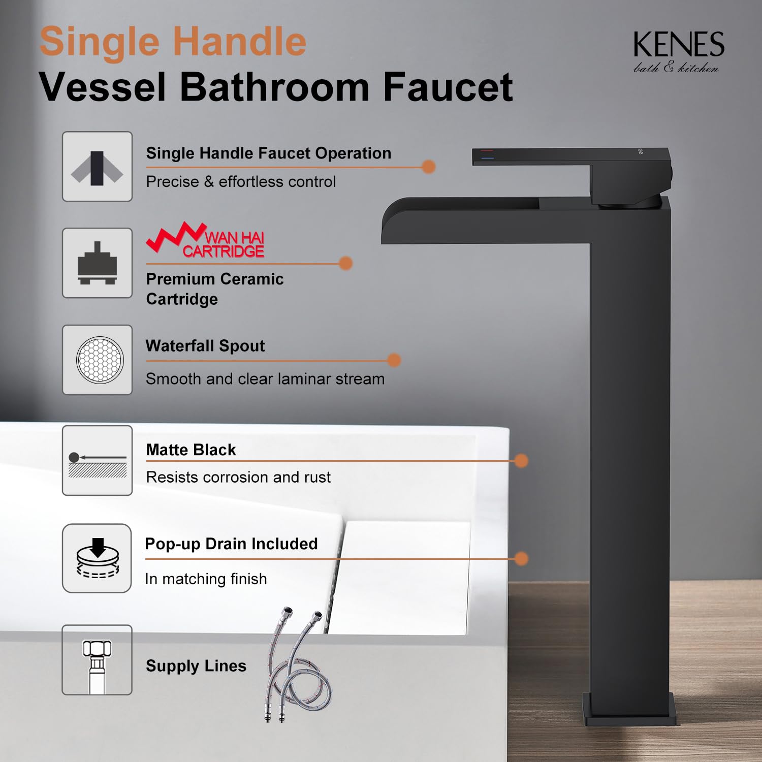 KENES Tall Bathroom Vessel Sink Faucet, Matte Black Tall Waterfall Bathroom Faucet, Single Handle Waterfall Bathroom Faucet Lavatory Vanity Faucet with Pop Up Drain & Water Supply Hoses LJ-9035A-2