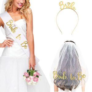 bride to be set, 3pack bride to be sash & headband tiara & shoulder length veil bachelorette party supplies bridal shower decoration accessories(gold)