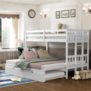 giantex twin over pull-out bunk bed with trundle, extendable twin/full/queen/king bunk bed, solid wood bunk bed with ladder and safety rail, wooden bunk beds for kids adults teens, white