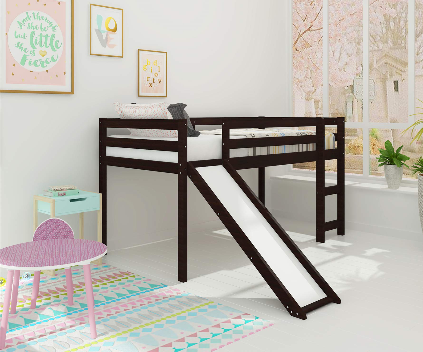 Harper & Bright Designs Loft Bed Twin with Slide, Kids loft Bed,Wood Low Profile for Kids, Built-in Ladder and Guard Rail,No Box Spring Needed,Espresso