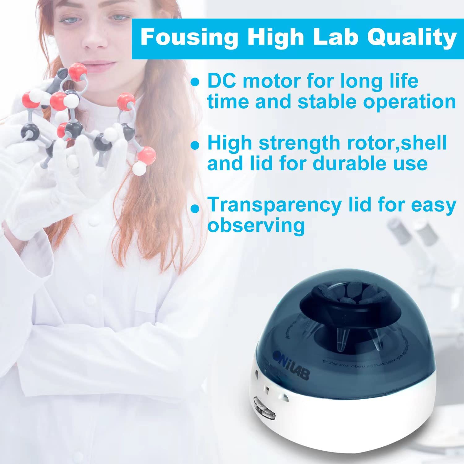 ONiLAB's Scientific Mini Centrifuge 7000RPM, 2680 x g RCF, Lab Benchtop Centrifuge with 2 Rotors for 8 x 0.2/0.5/1.5/2.0ml and 0.2mL×32 PCR Strips, Low Noise≤45dB, 100-240V,Blue lid