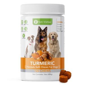 turmeric for dogs - organic turmeric with curcumin, hip and joint supplement dogs soft chew, with collagen and bioprene, high absorption eliminates joint pain inflammation - 120 count