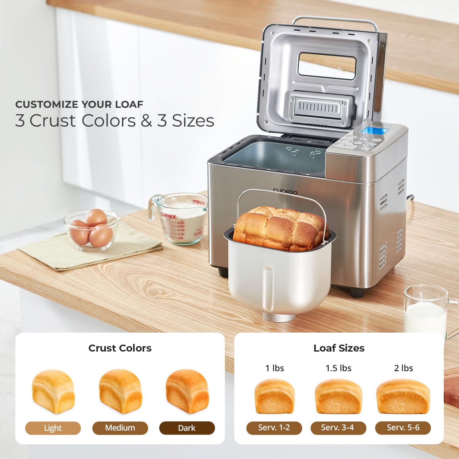 CUCKOO Bread Maker Machine with 15 Menu Options + 3 Crust Colors, 2 lbs Bread Machine with Automatic Fruit & Nut Dispenser, Includes 6 Accessories, Ideal for Gluten Free or Sourdough (CBM-AAB101S)