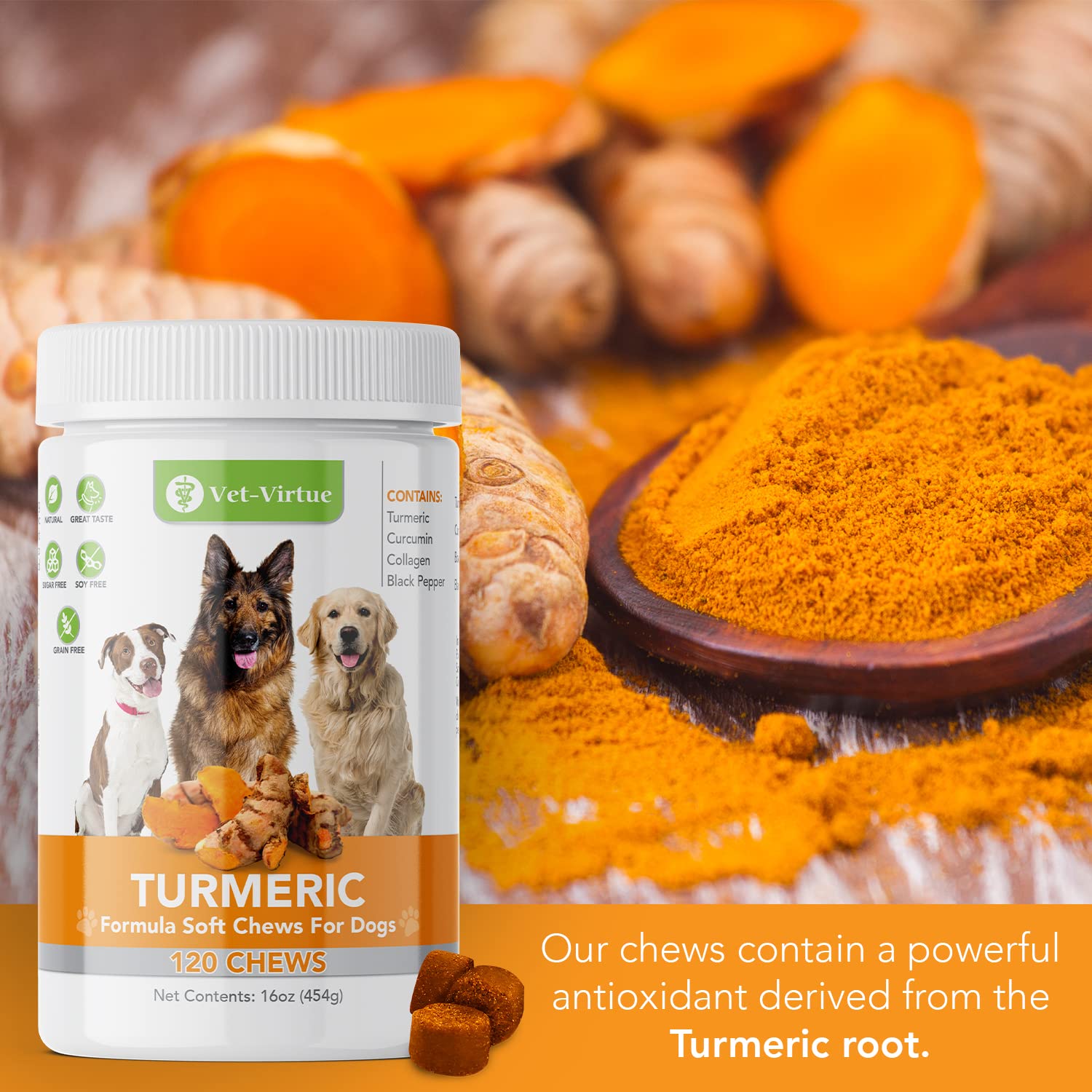 Turmeric for Dogs - Organic Turmeric with Curcumin, Hip and Joint Supplement Dogs Soft Chew, with Collagen and Bioprene, High Absorption Eliminates Joint Pain Inflammation - 120 Count