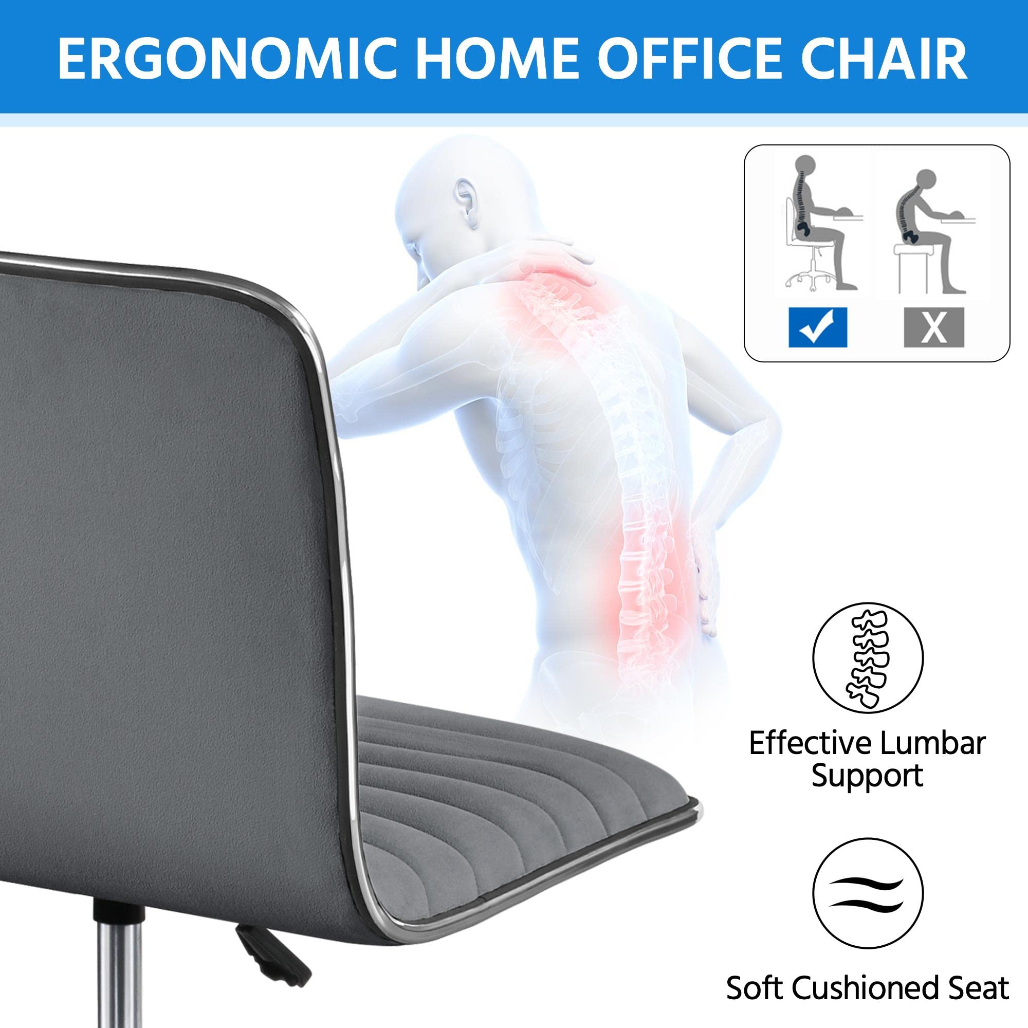 Yaheetech Velvet Armless Office Chair, Ergonomic Low Back Desk Chair with Adjustable Height/Wheels, Dark Gray