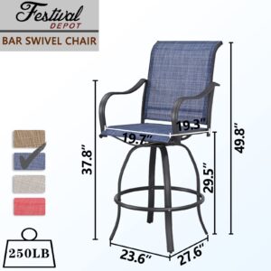 Festival Depot 2pcs Bar Bistro Patio Dining Chairs Textilene High Stools 360° Swivel Chairs with Curved Armrest and Metal Frame Outdoor Furniture for Garden Pool All-Weather (Blue)