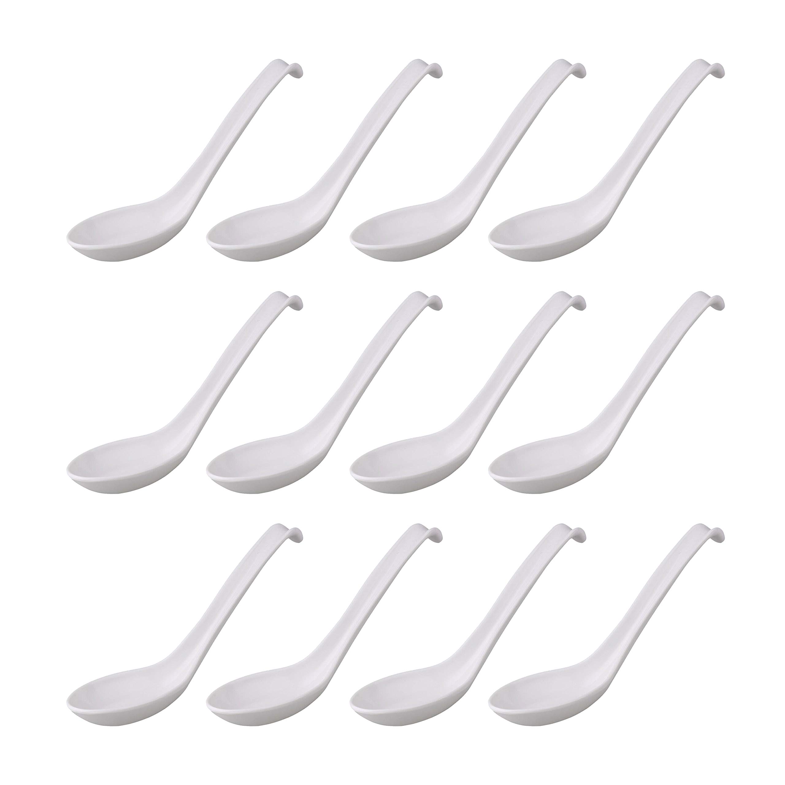 Comicfs Asian Soup Spoons 12 pieces, 12HSP-W, Large Japanese Soup Spoons, Soba Rice Pho Ramen Noodle Soup Spoons, Chinese Won Ton Soup Spoon, Hook Style (12 Spoons, White)