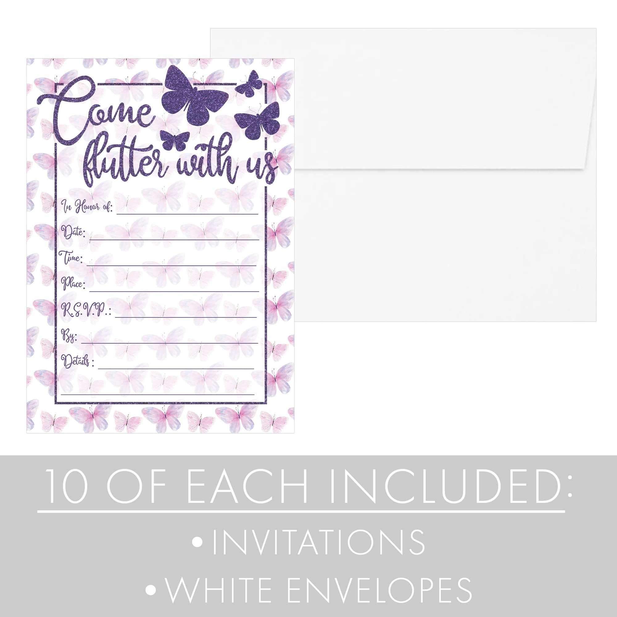 DISTINCTIVS Butterfly Birthday Party Invitations - Purple Butterfly Wishes - 10 Fill In Invite Cards with Envelopes - Come Flutter With Us Themed Party Supplies