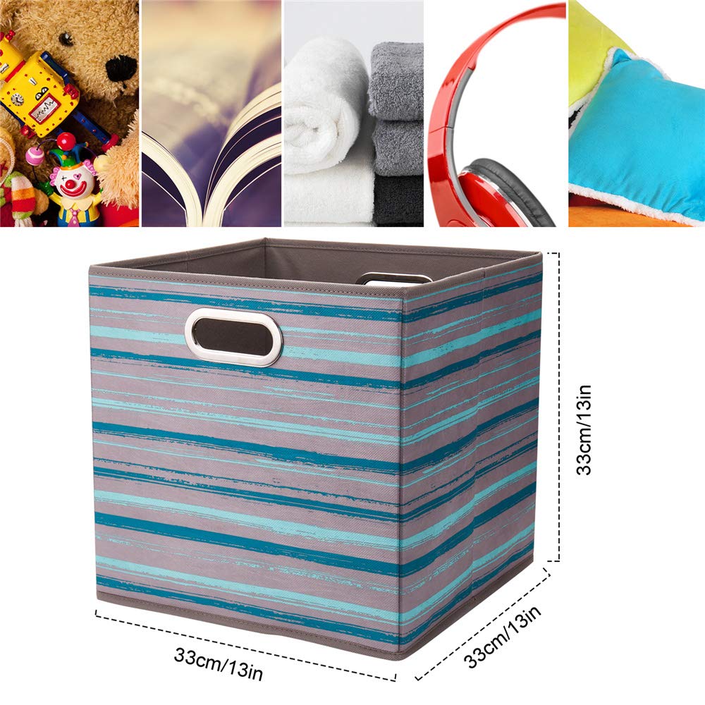 HSDT 13 inch Collapsible Storage Cubes Bins Teal Stripes Fabric Storage Boxes Foldable Cube Inserts Storage Grey Printed Folding Cloth Storage Baskets Drawer Organizer ,QY-SC05-6